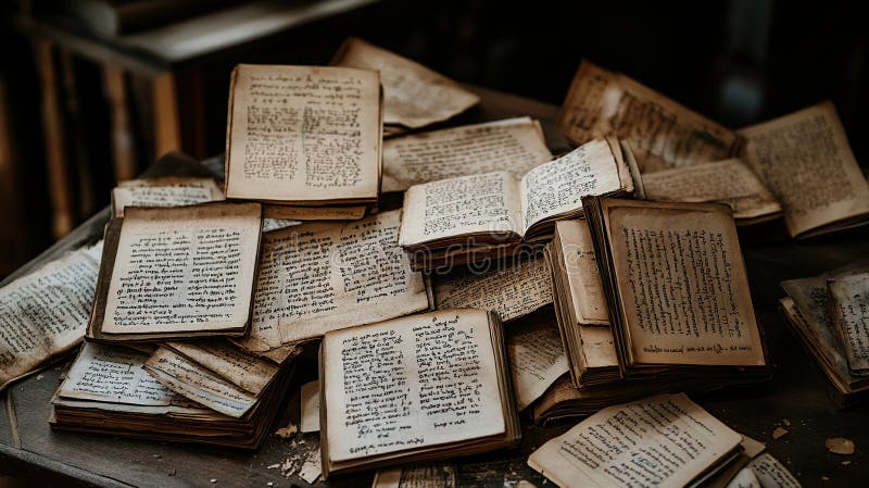 Antique Books Scattered, Library Table, Dark Room, Research Stock Image ...