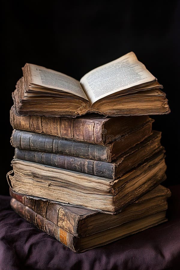 Antique Stack of Four Books with One Open on Top Resting on a Floral ...
