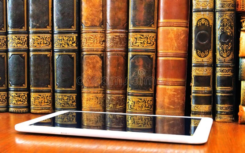 Antique Books and Tablet on the Table Stock Photo - Image of page, book ...
