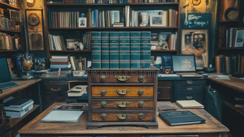 Antique Bookshelf Drawer Desk Old Bookshop Study Stock Illustration ...