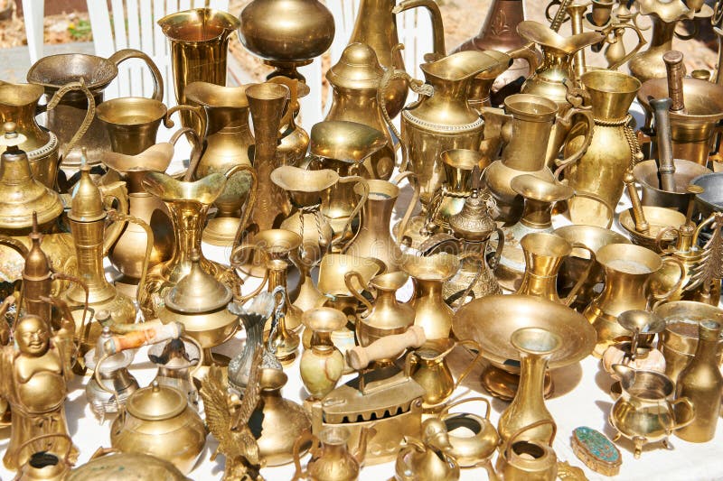 Antique Brass and Bronze Utensils at Flea Market Stock Image - Image of ...