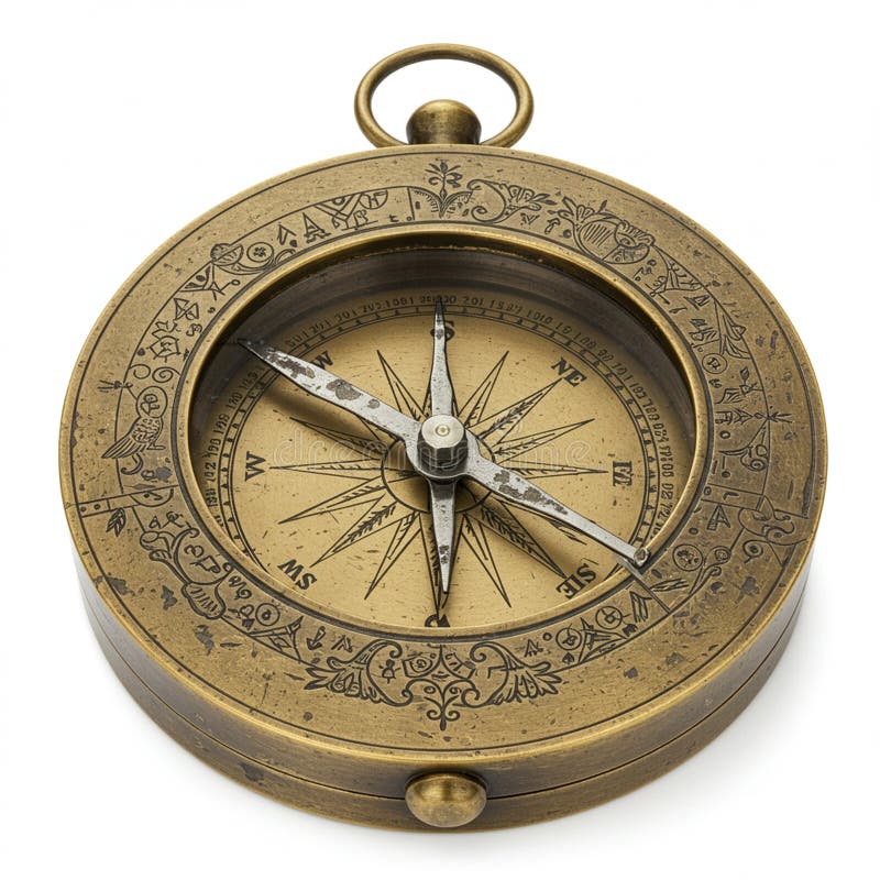 Antique Brass Compass with a Circular Case and Engraved Lid Featuring ...