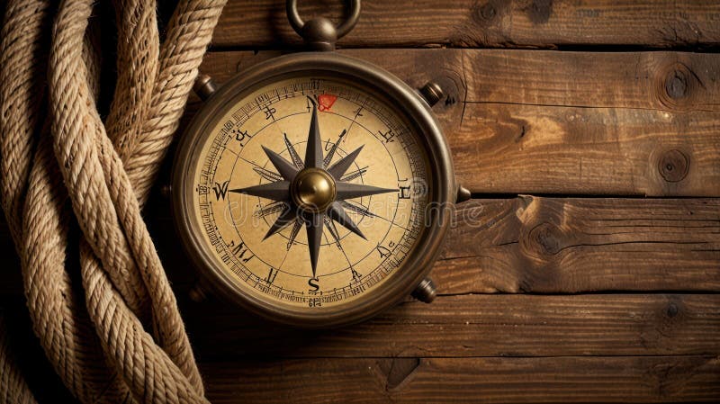Antique Brass Compass with a Round Frame Resting on a Wooden Surface ...