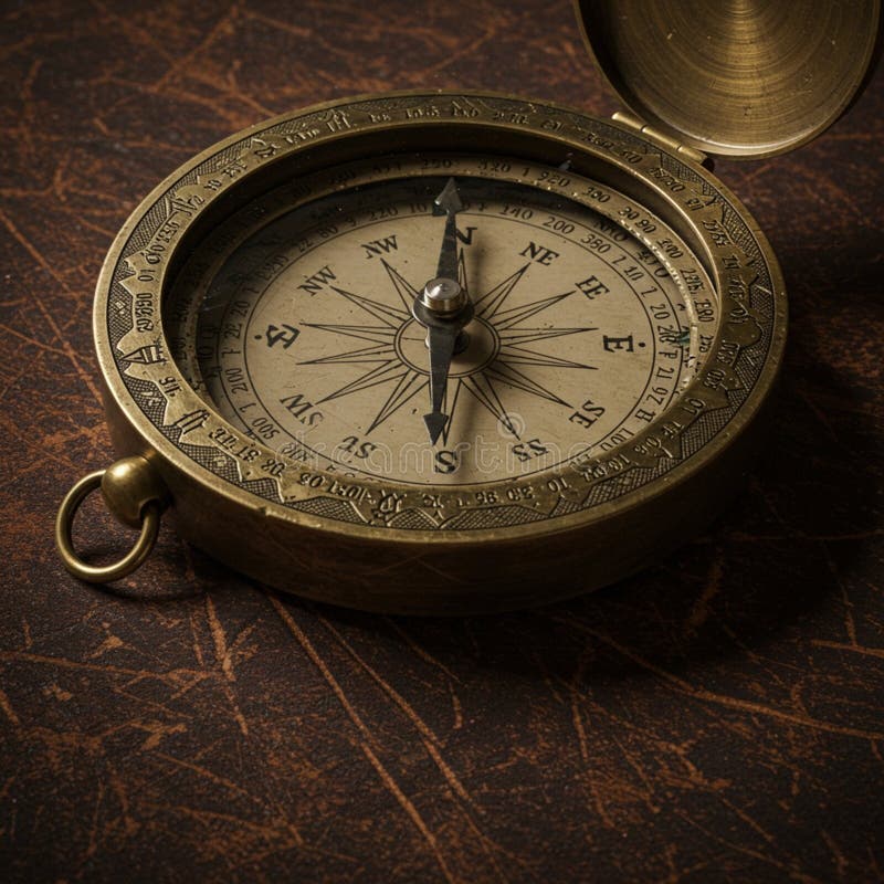 Antique Brass Compass with a Lid Open, Set on a Textured Brown Surface ...