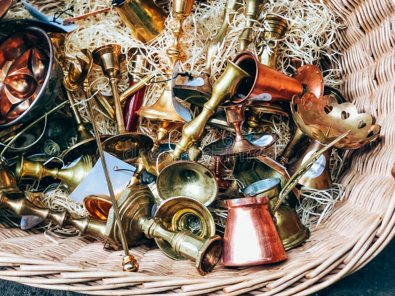Antique Brass and Copper Musical Instruments in Wicker Basket, Detailed ...