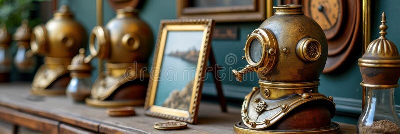 Antique Brass Diving Helmets on Display with Nautical Artwork Stock ...