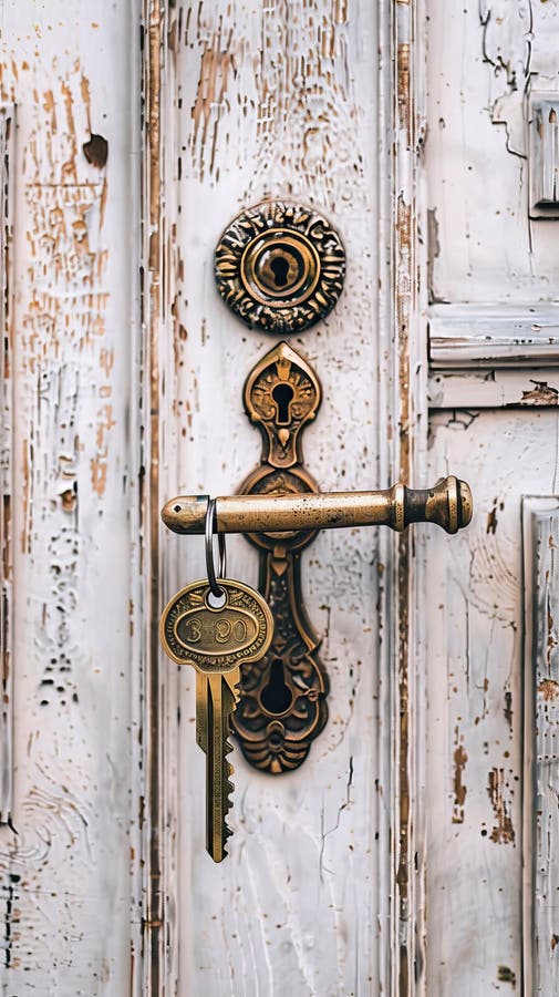 An Antique Brass Door Handle with Keys Dangling, Shot in Sharp Focus ...