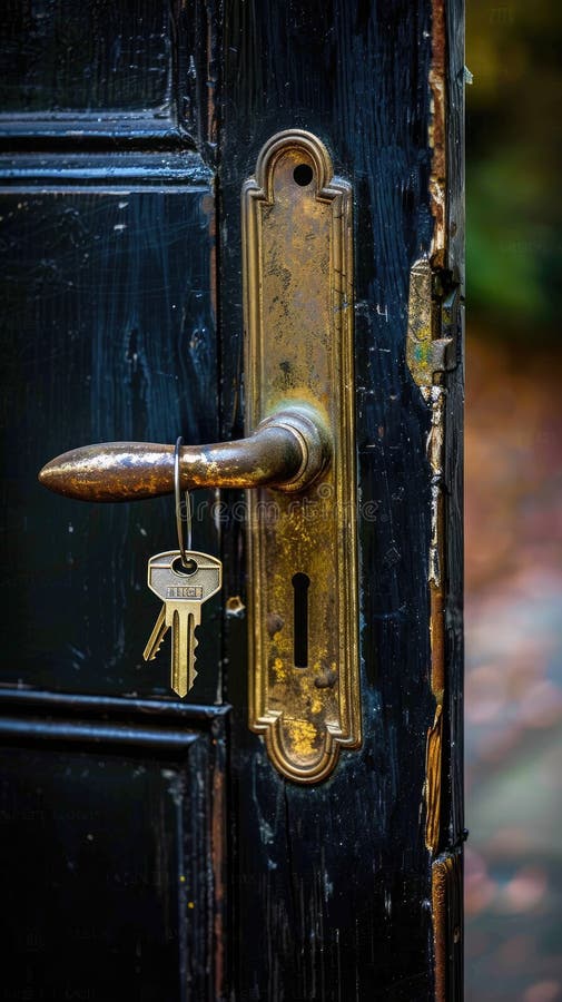 An Antique Brass Door Handle with Keys Dangling, Shot in Sharp Focus ...