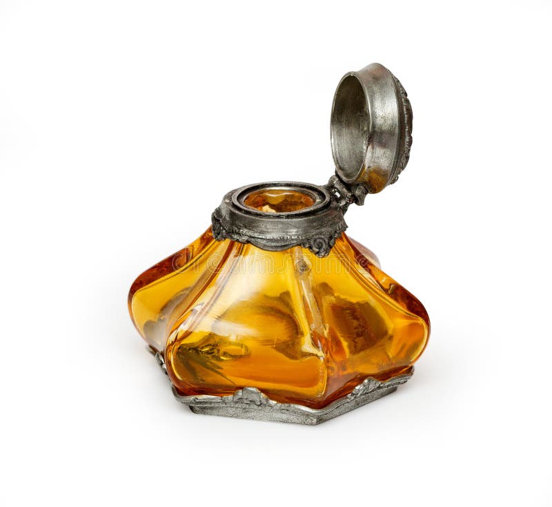 Brass Inkwell with Feather and Postcard Stock Photo - Image of brown ...