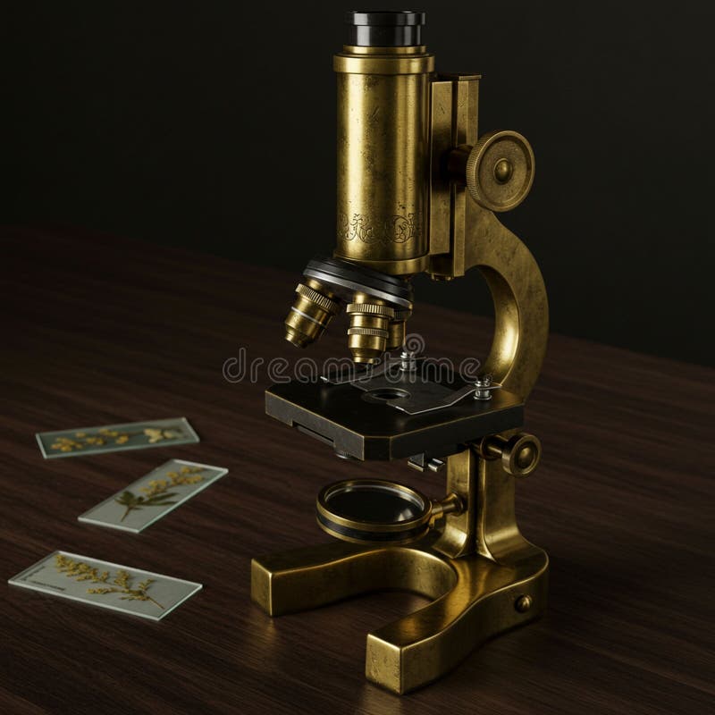 An Antique Brass Microscope is Displayed on a Dark Wooden Table. it ...