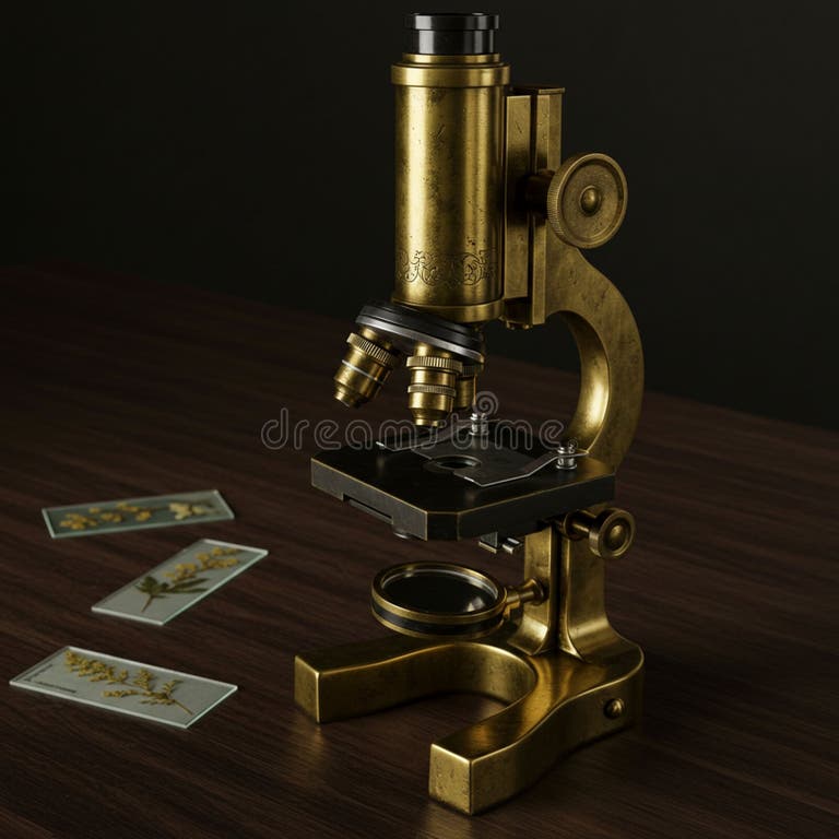 An Antique Brass Microscope is Displayed on a Dark Wooden Table. it ...