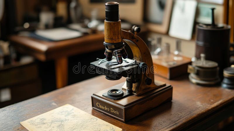 Antique Brass Microscope on Wooden Desk in Vintage Laboratory Setting ...