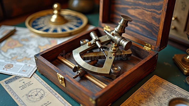 Antique Brass Sextant in Wooden Box with Nautical Maps and Navigation ...