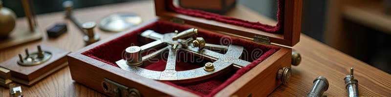 Antique Brass Sextant in Wooden Box on Table with Navigational Tools ...