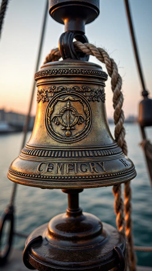 Antique Brass Ship Bell with Rope on Docked Vessel at Sunset Stock ...