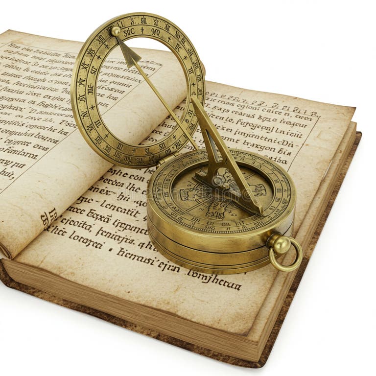 An Antique Brass Sundial Compass Rests on an Open Ancient Book with ...