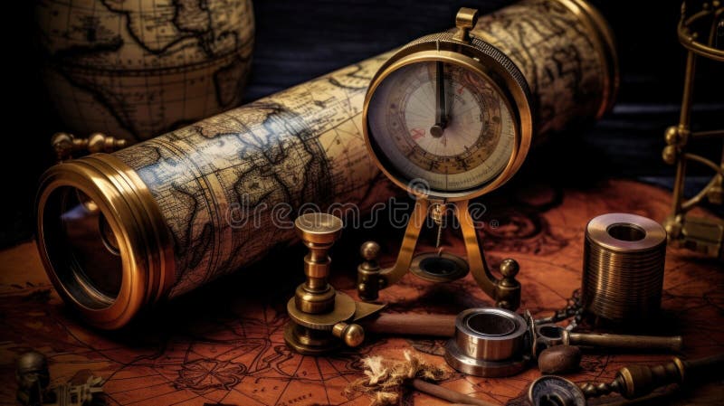 Antique Brass Telescope and Compass Old Times World Map Stock Photo ...