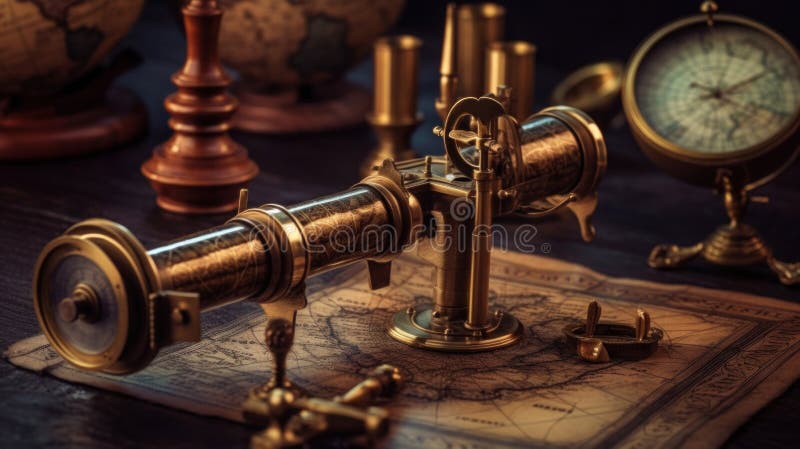 Antique Brass Telescope and Compass Old Times World Map Stock Image ...