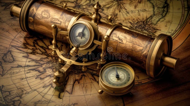 Antique Brass Telescope and Compass Old Times World Map Stock ...
