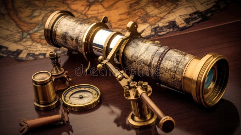 Antique Brass Telescope and Compass Old Times World Map Stock ...