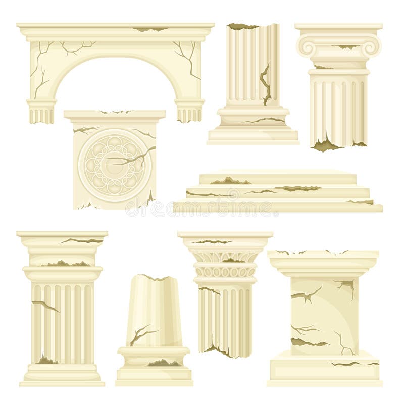Antique Broken Marble Architectural Elements Set. Stone Ruined Columns ... Antique Broken Marble Architectural Elements Set. Stone Ruined Columns ...