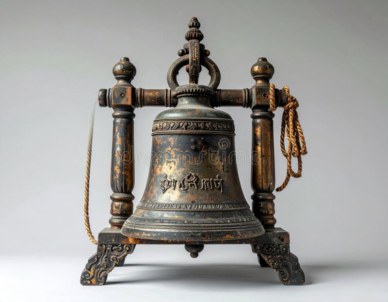 Antique Bronze Bell with Ornate Details on Dark Background Stock ...