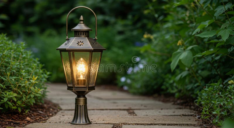 Antique Bronze Lantern Illuminates Garden Path Stock Illustration ...