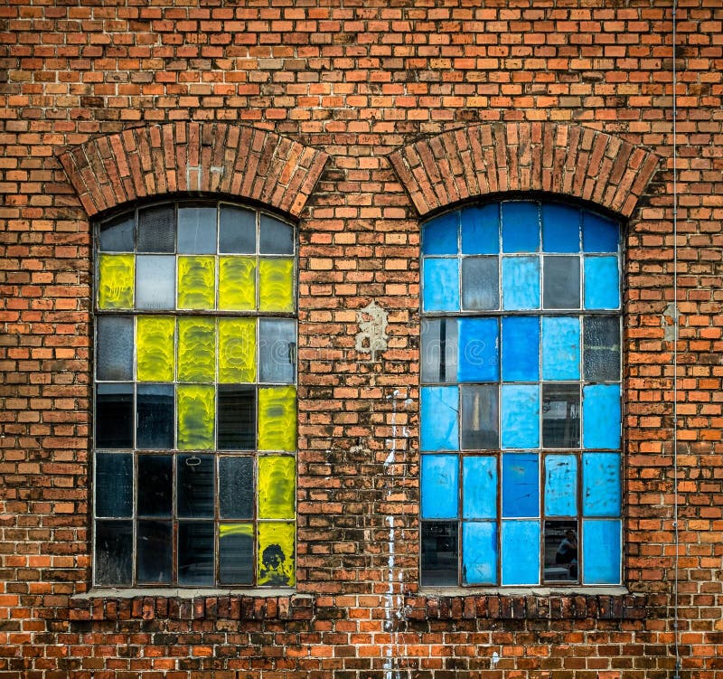 Antique Brown Brick Wall with Two Rectangular Windows, Worn Blue and ...