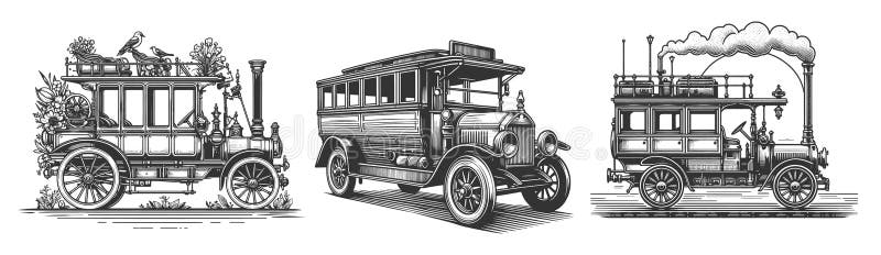 Antique Buses and Steam Vehicles Vector Collection Stock Vector ...