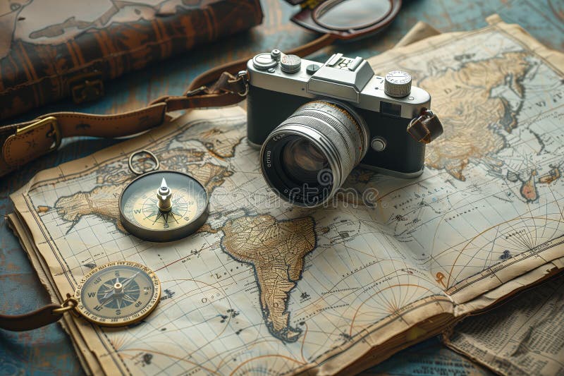 Antique Camera with Compass on Aged Map Stock Image - Image of tourist ...