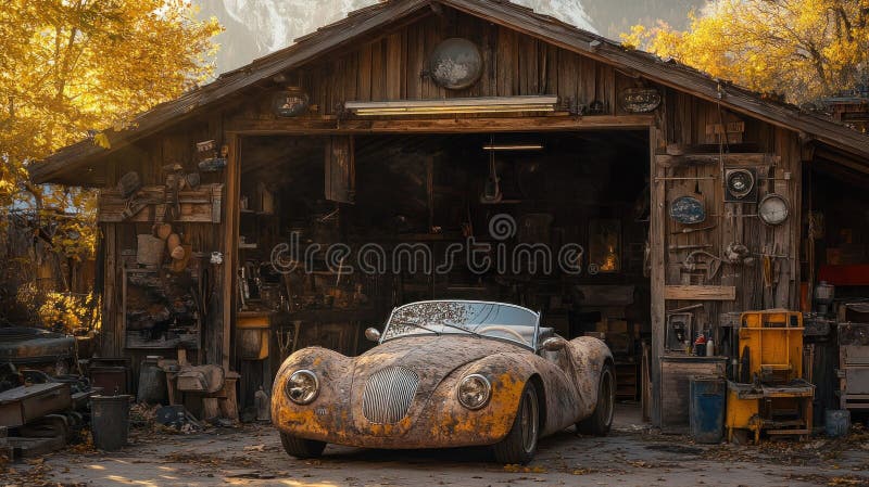 Antique Car in a Rustic Workshop, Autumn Setting Stock Illustration ...