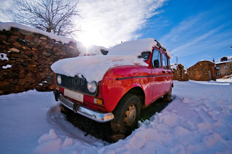 Antique Car at Sunset in the Snow. Stock Image - Image of winter ...