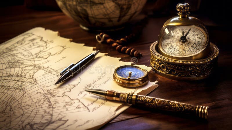 Antique Cartography: Hand-Drawn Map with Compass and Globe Stock Image ...