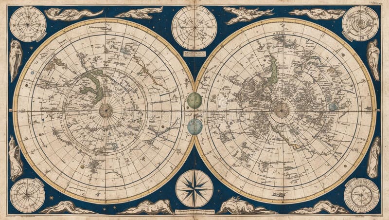 Antique Celestial Map: Detailed Double Hemisphere Star Chart with ...