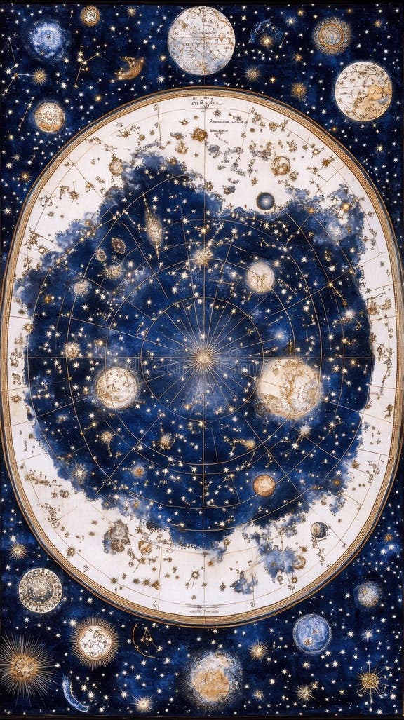 Antique Celestial Map Featuring Zodiac Constellations and Star Patterns ...