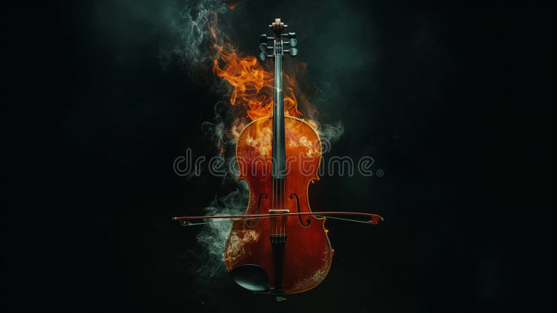 Antique Cello Burning in Flames with Smoke on Black Background Stock ...