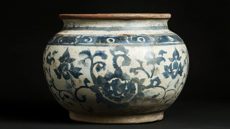 Antique Ceramic Pot with Blue Floral Patterns on Dark Background Stock ...