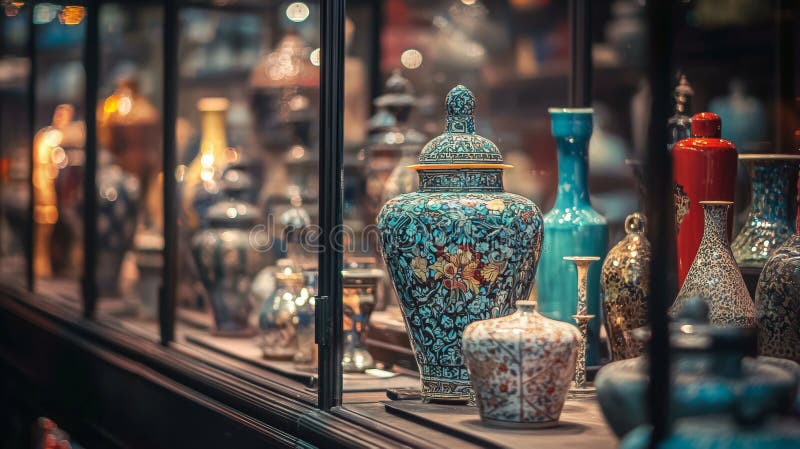 Antique Ceramic Vases Displayed in a Glass Showcase Stock Image - Image ...