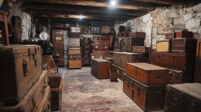 Antique Chests and Drawers in a Dusty Old Room Stock Illustration ...