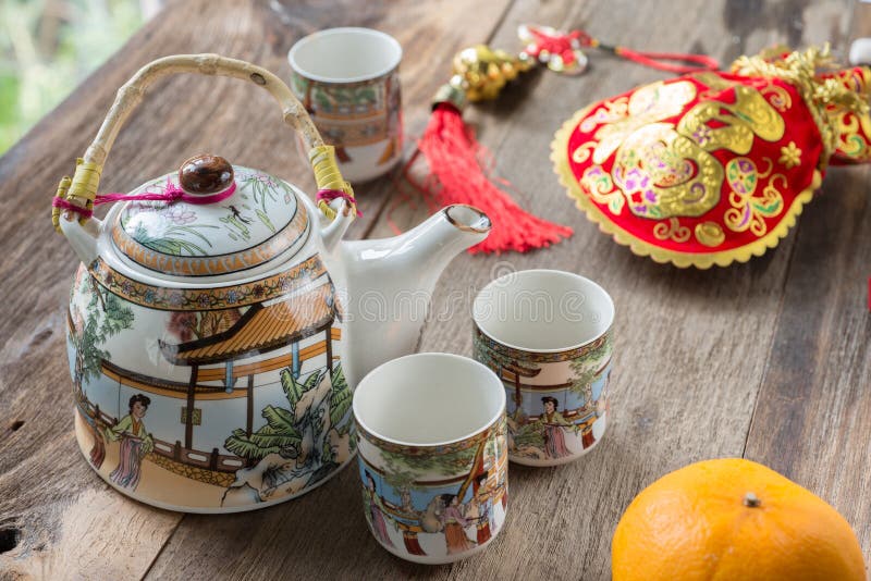 Antique Chinese Tea Set on Wooden Table Stock Photo - Image of ...