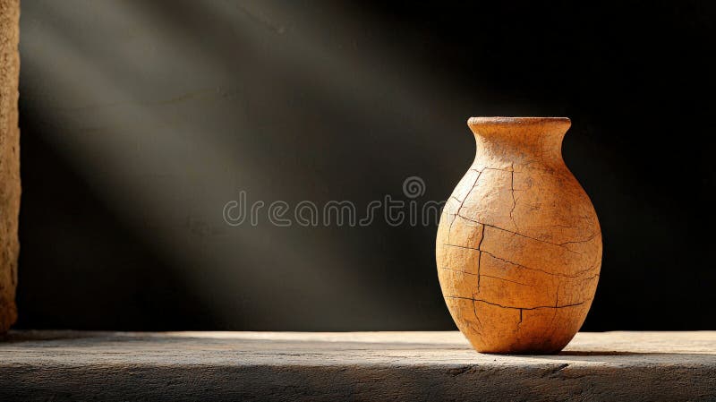 Antique Clay Pot on a Wooden Surface with Soft Light and Shadows Stock ...