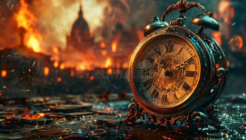 Antique Clock Against a Fiery Background in a Dramatic Setting Stock ...