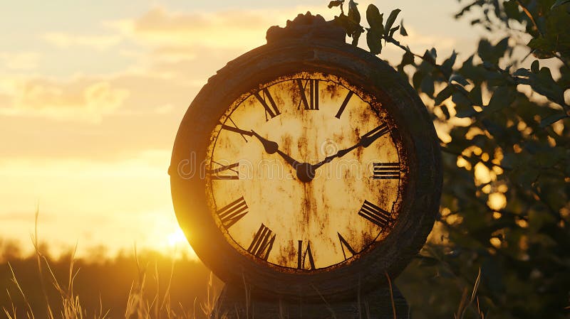 Antique Clock Against Sunset, Beautiful Rustic Timepiece Stock ...