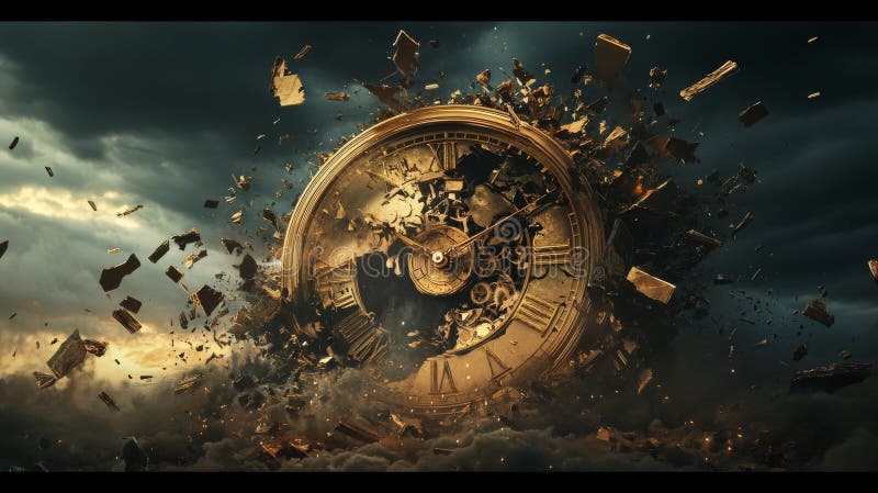 Antique Clock Exploding in Dynamic Motion Amid Clouds Stock Photo ...