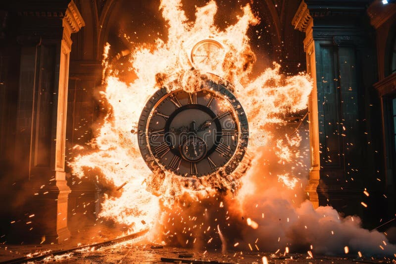 Antique Clock Exploding in Flames Inside Building Stock Image - Image ...