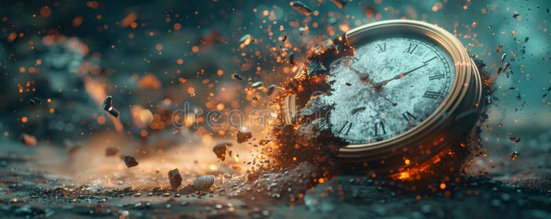 Antique Clock Exploding into Particles with Fiery Sparks in a Dramatic ...