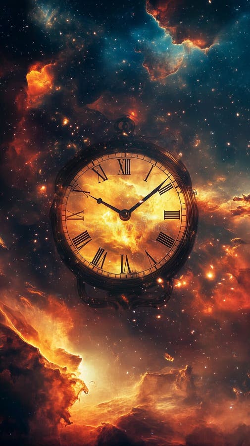 Antique Clock Floating in Deep Space, Surrounded by Stars, Nebulae, and ...