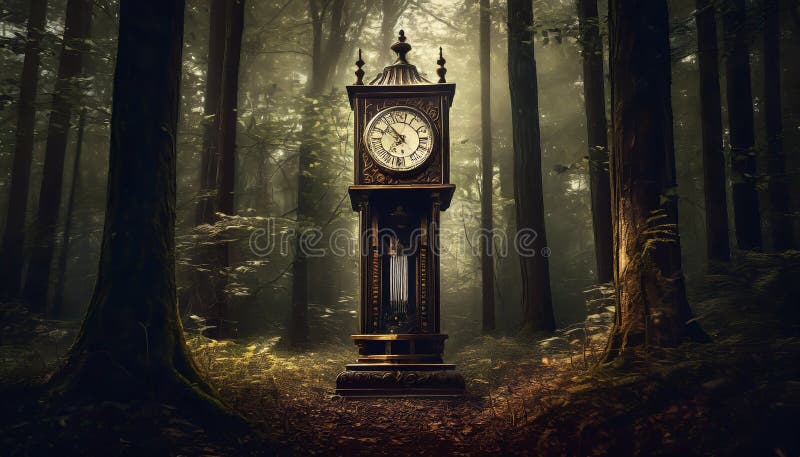 Antique Clock in the Forest Stock Illustration - Illustration of tree ...