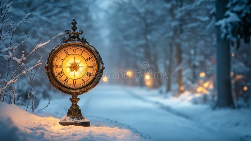 Antique Clock Glowing in a Snowy Forest Pathway during Winter Evening ...