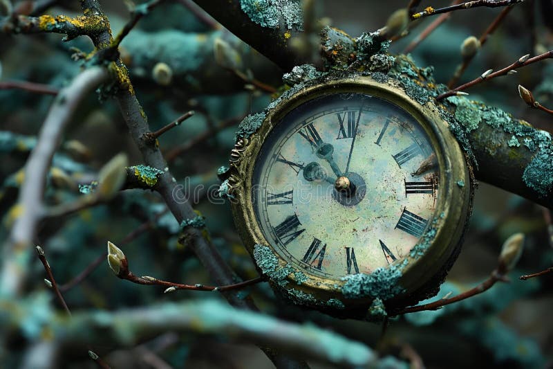 An Antique Clock is Hanging on a Branch with Moss Covered Branches ...